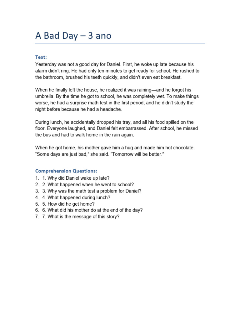 Daniel's Unfortunate Day at School | PDF | Meal