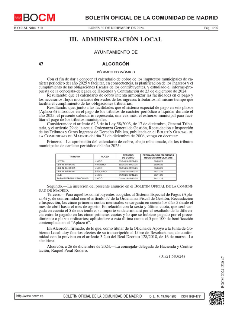 Bocm 2024 1230 47 Calendario Cobro 2025 | PDF