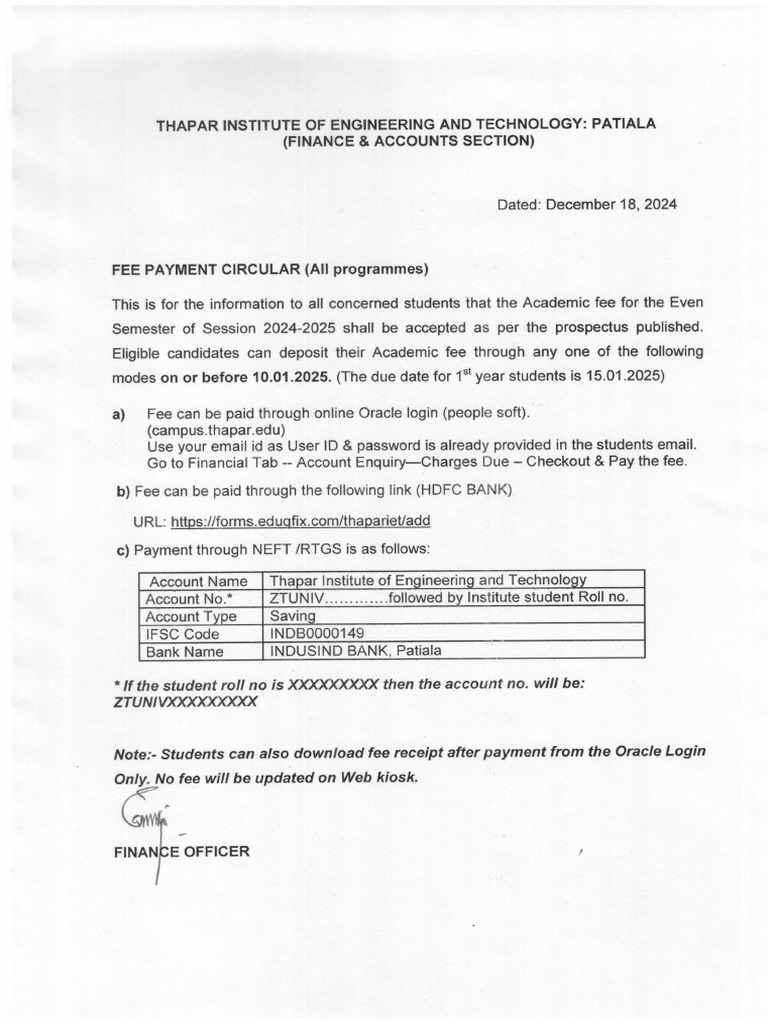 Fee Payment Circular 2024-25 Even Sem | PDF