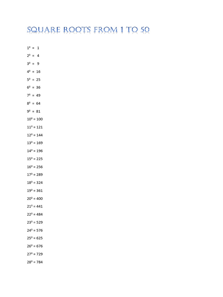 Square Roots from 1 to 50 | PDF
