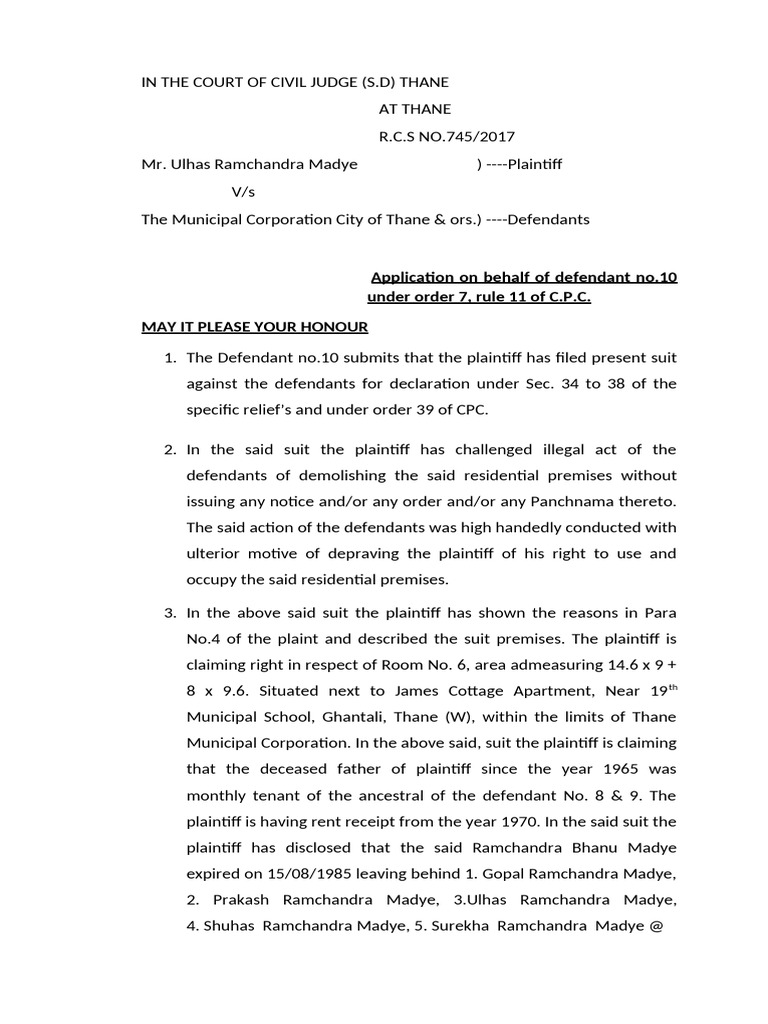 Application Under Order 7 Rule 11 of CPC - James Cottage Society | PDF ...