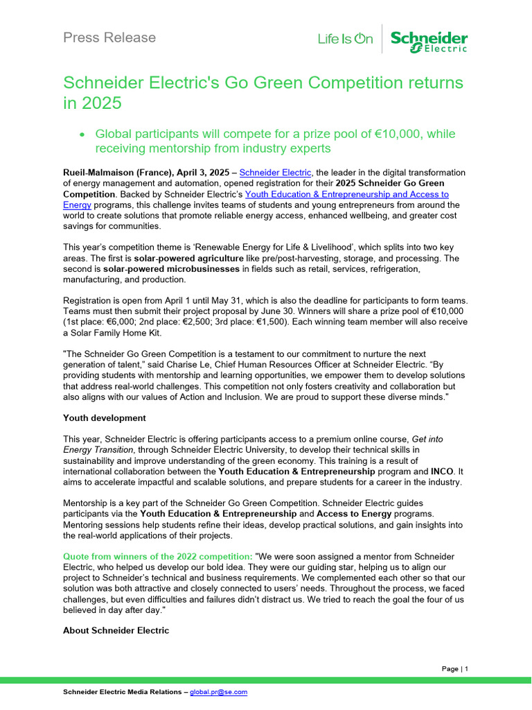 Schneider Go Green Competition 2025 | PDF | Mentorship | Sustainability