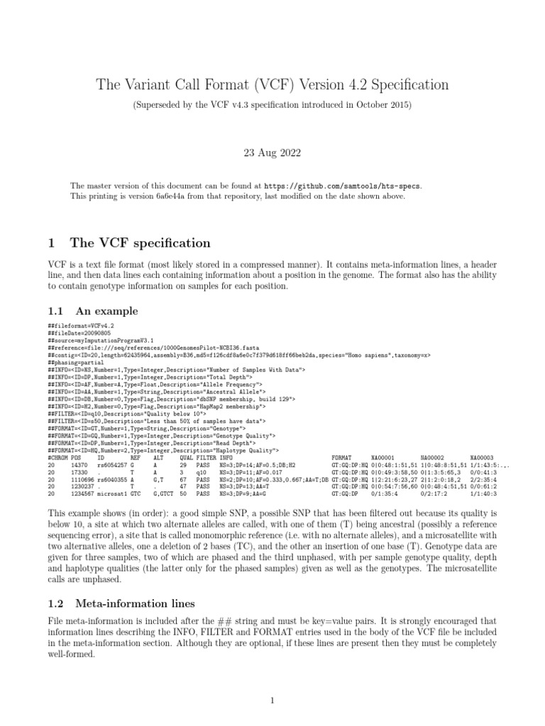 The Variant Call Format (VCF) Version 4.2 Specification | PDF | Genotype | Single Nucleotide ...
