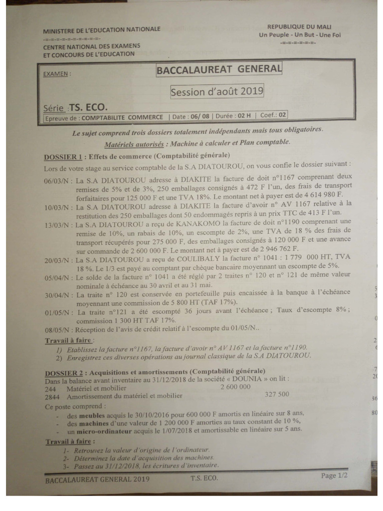 Tseco Comptabilité BAC 2019-1 | PDF