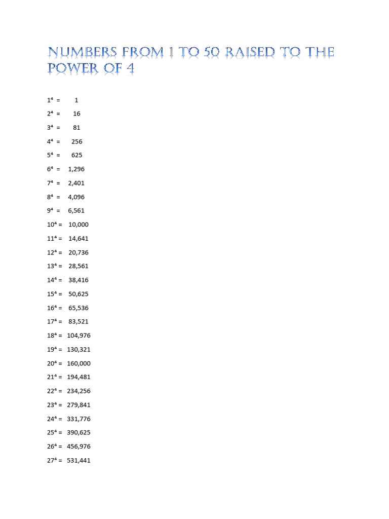 Numbers From 1 To 50 Raised To The Power of 4 | PDF