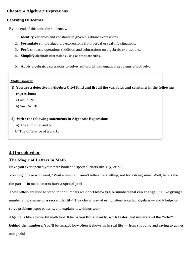 Chapter 4 Algebraic Expressions | PDF | Algebra | Elementary Mathematics