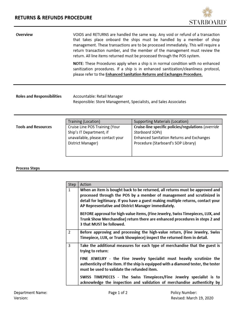 Shipboard Returns & Refunds Procedure | PDF