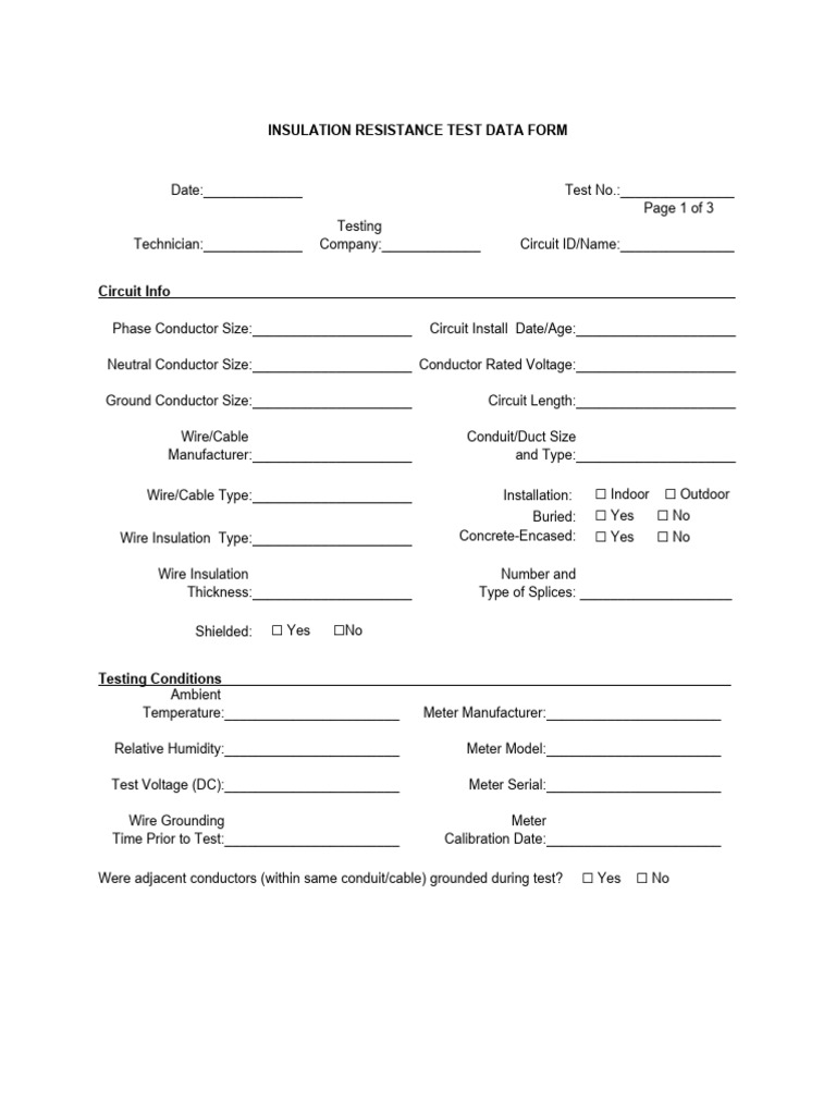 Axia Insulation Resistance Test Data Form | PDF | Electrical Conductor ...