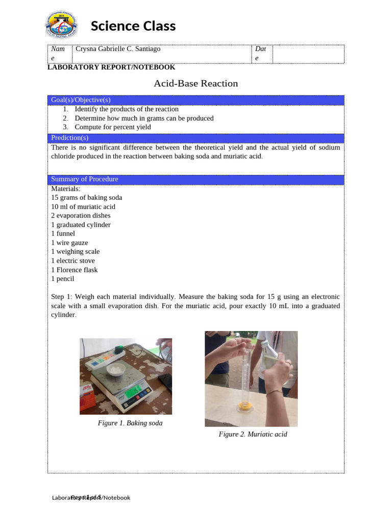 LabReport 1 Crysna Santiago | PDF | Hydrochloric Acid | Sodium Carbonate