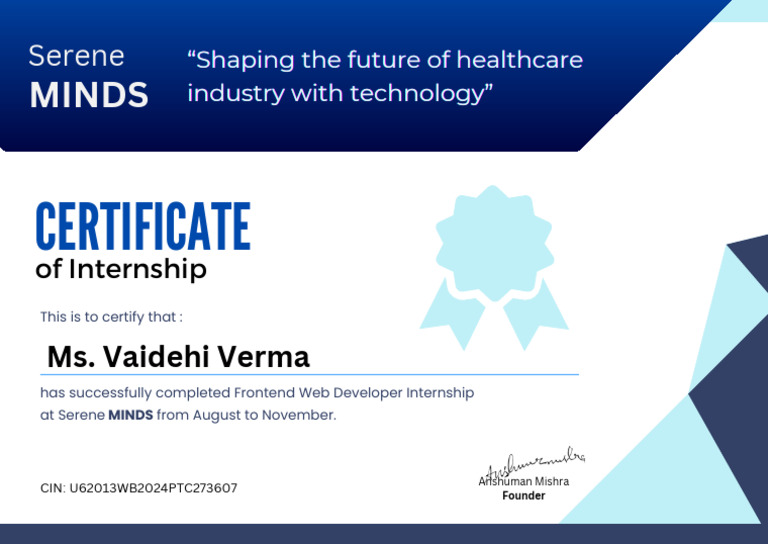 Serene MINDS - Internship Certificate - Vaidehi Verma | PDF