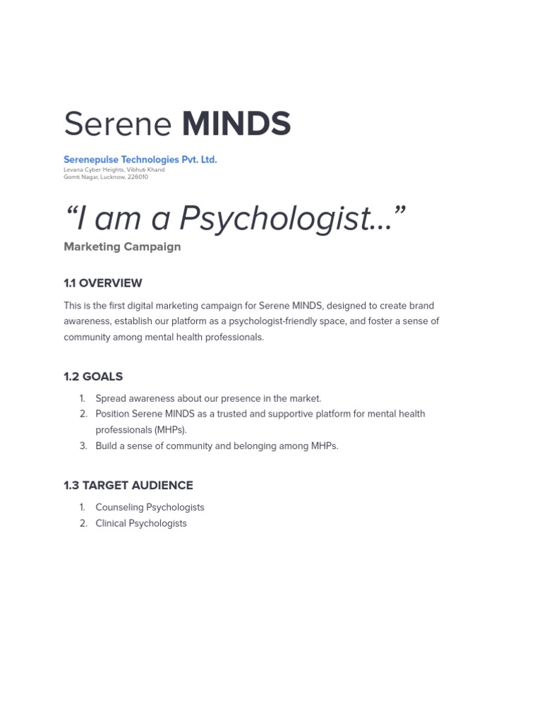 Serene MINDS - Marketing Campaign - 1 | PDF | Psychologist | Behavioural Sciences