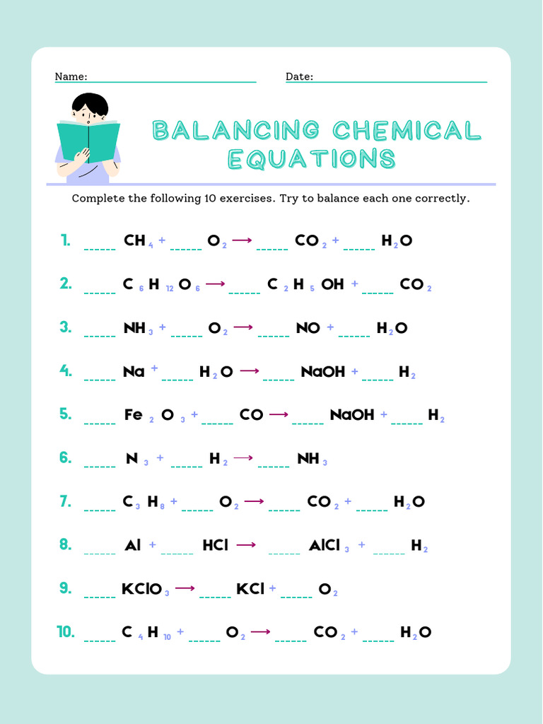 White Turquoise Minimalist Balancing Chemical Equations Worksheet | PDF