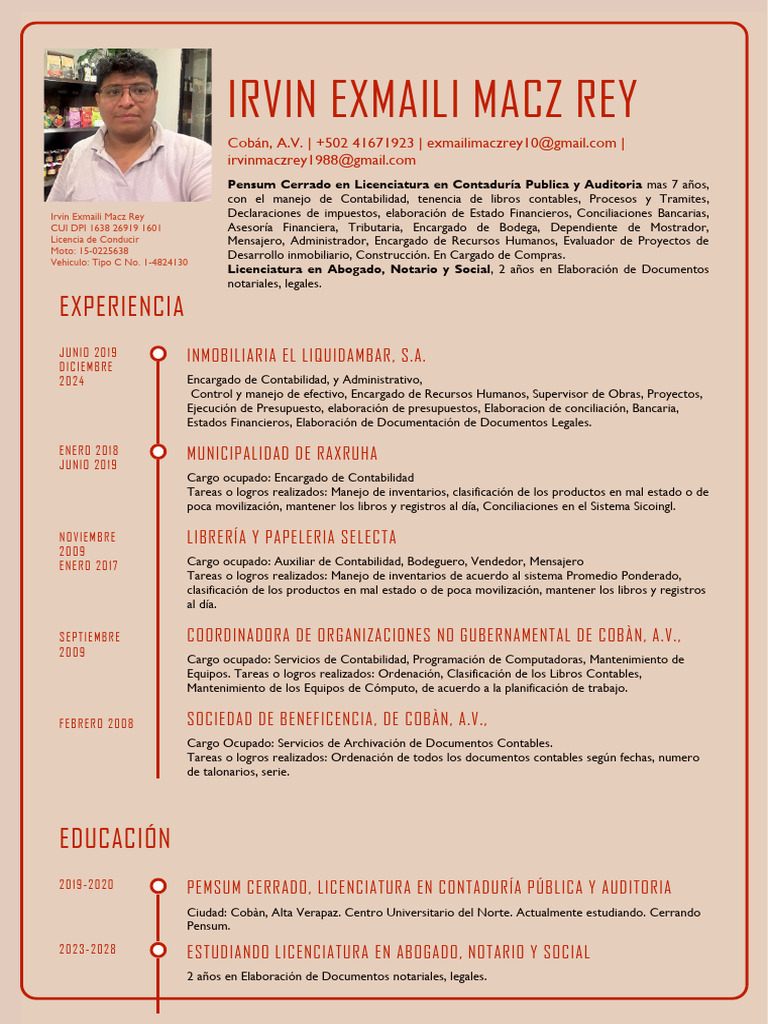 Currículum Vitae de Irvin Exmaili Macz Rey | PDF | Contador | Contabilidad