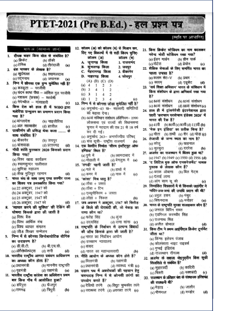 PTET 2021 Solved Paper Download | PDF