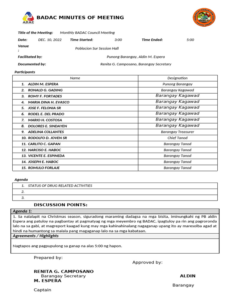 BADAC Form - Minutes of Meeting Poblacion Sur | PDF
