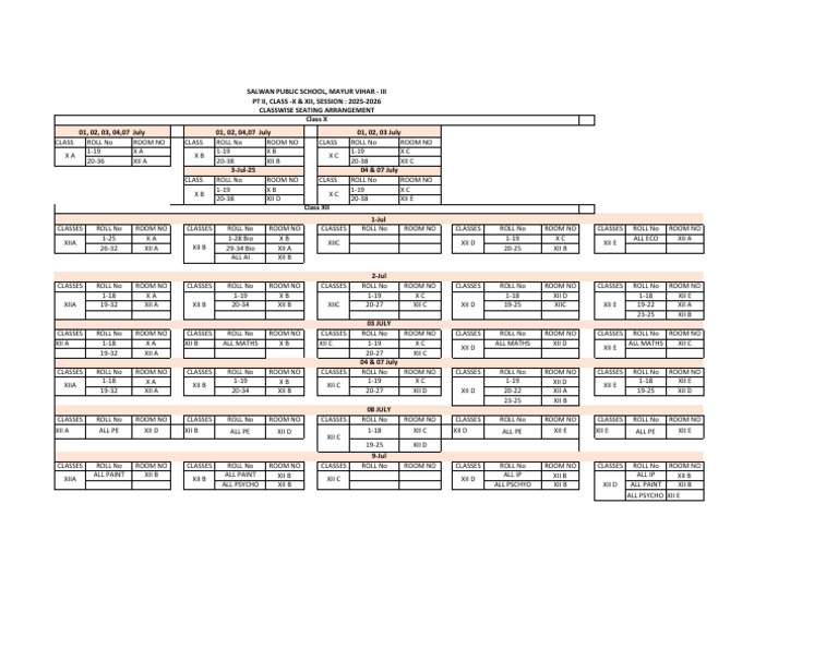 PT - 2 Seating Plan X, XII (Classwise) | PDF