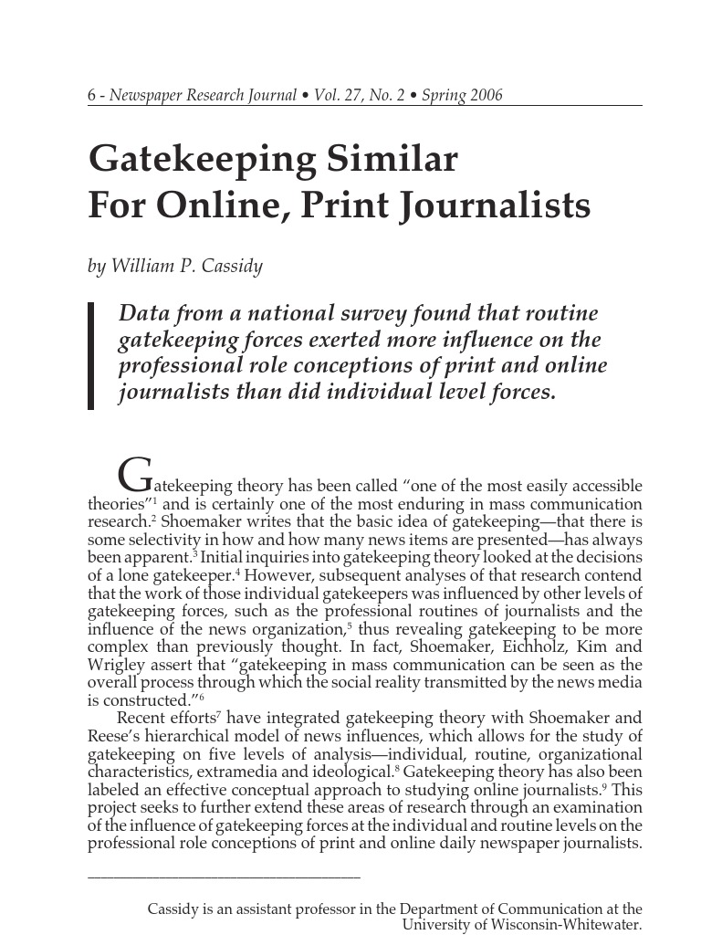 Gatekeeping Similar For Online, Print Journalists | PDF | Journalism ...