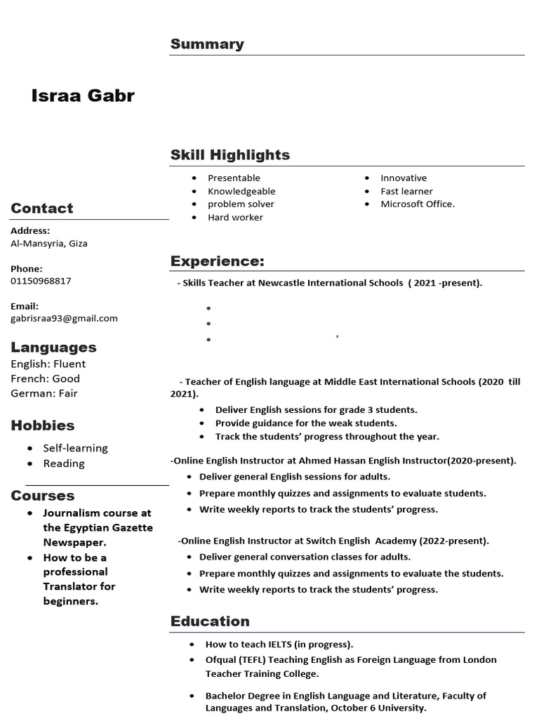 Israa Gabr - English Teacher | PDF | Teachers | Learning