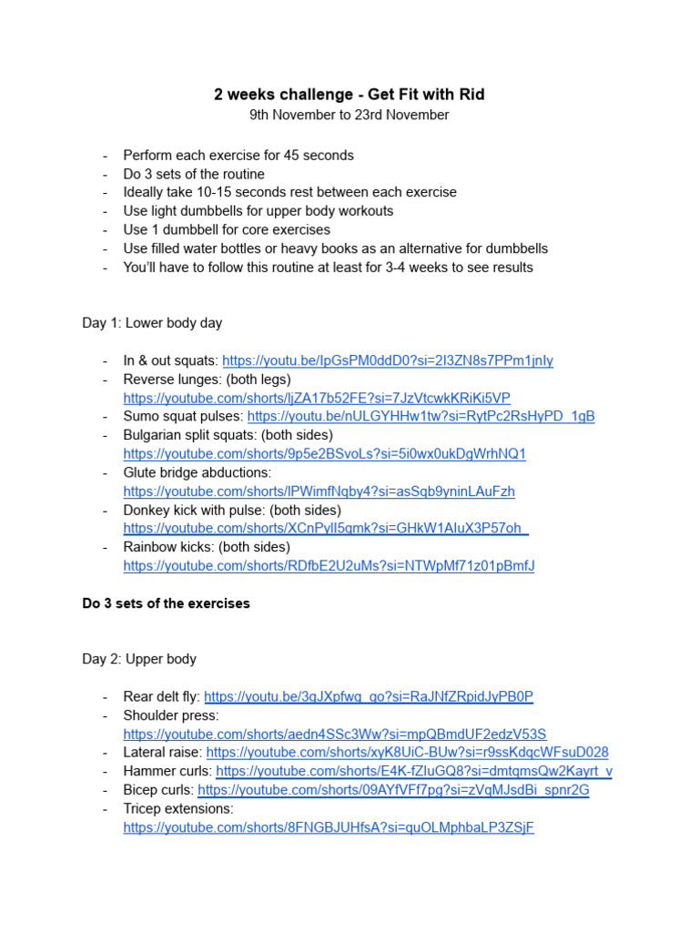 2 Weeks Challenge Schedule | PDF | Weight Training | Physical Exercise