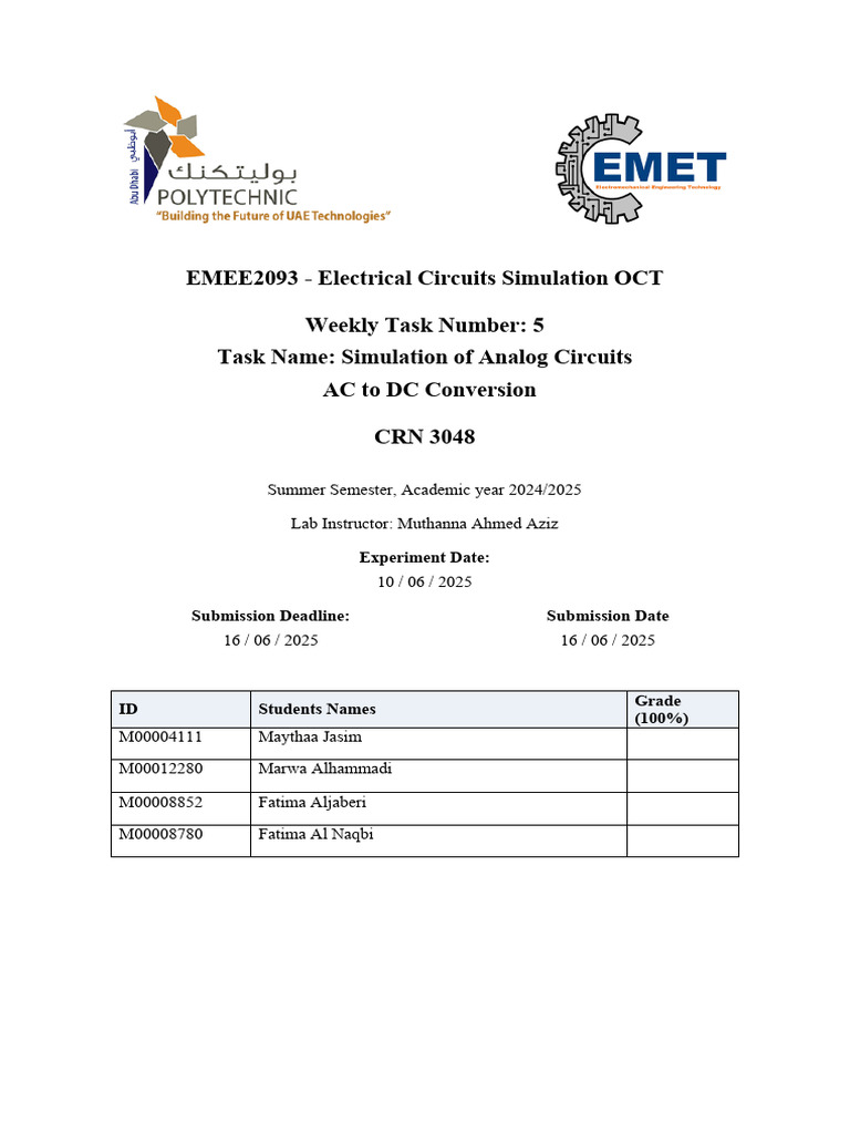 Task 5 Simulation of Analog Circuits - AC To DC | PDF | Rectifier | Direct Current