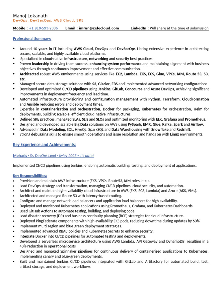 Manoj Lokanath AWS Devops Resume | PDF | Cloud Computing | Amazon Web Services