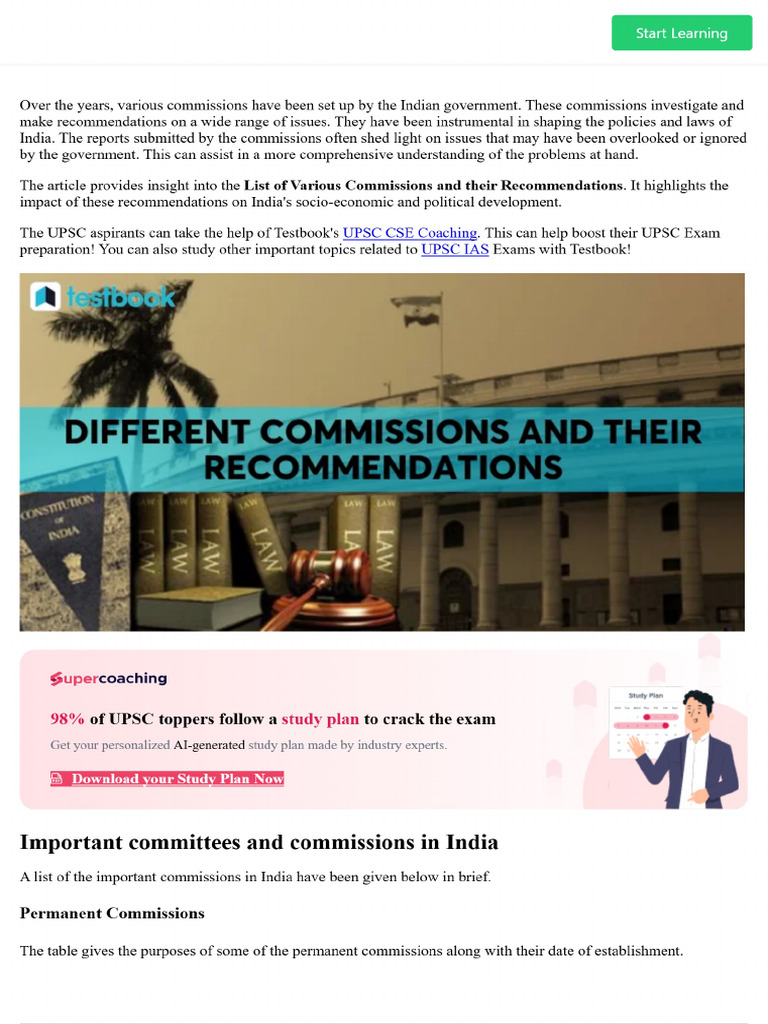Various Commissions in India & Their Recommendations - in Detail | PDF