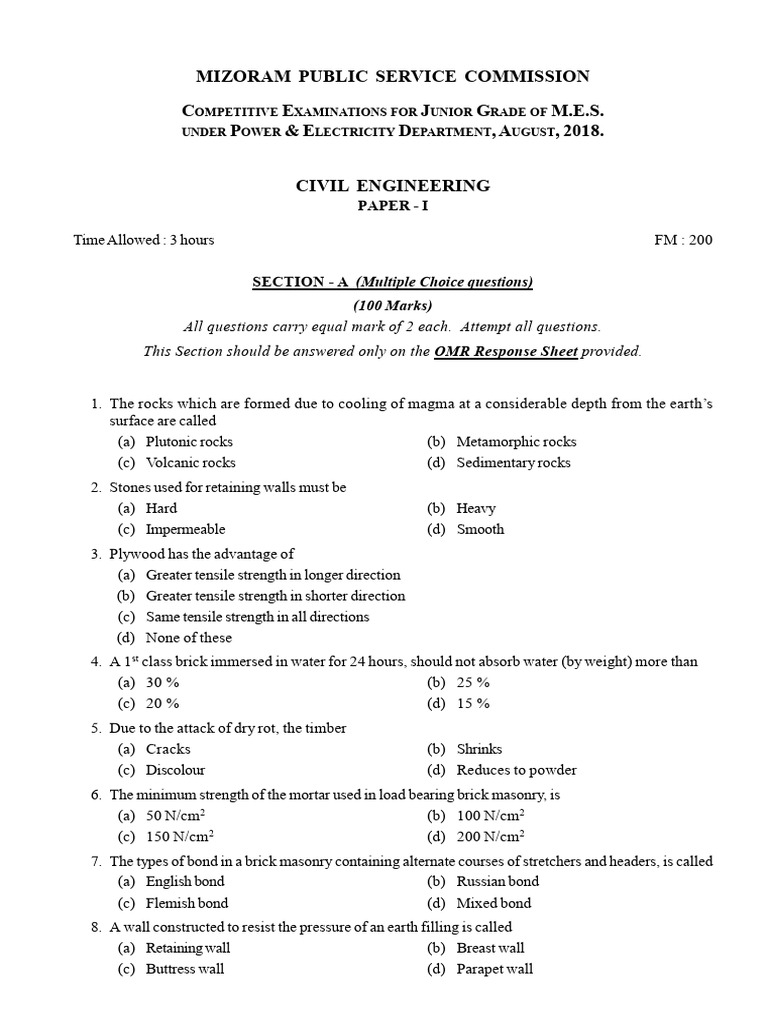 Mizoram PSC Civil Engineering Exam 2018 | PDF | Beam (Structure) | Buckling
