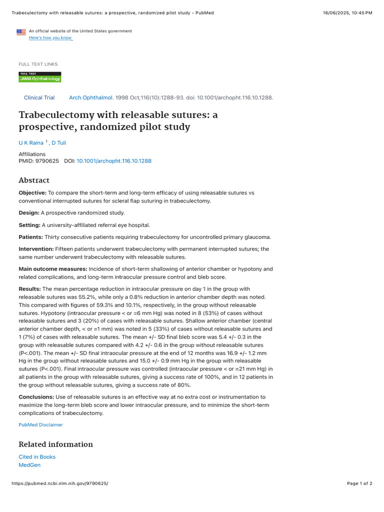Trabeculectomy With Releasable Sutures: A Prospective, Randomized Pilot ...