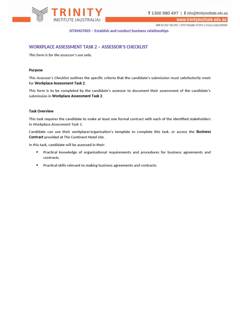 SITXMGT005 Workplace Assessment Task 2 Assessors Checklist | PDF ...