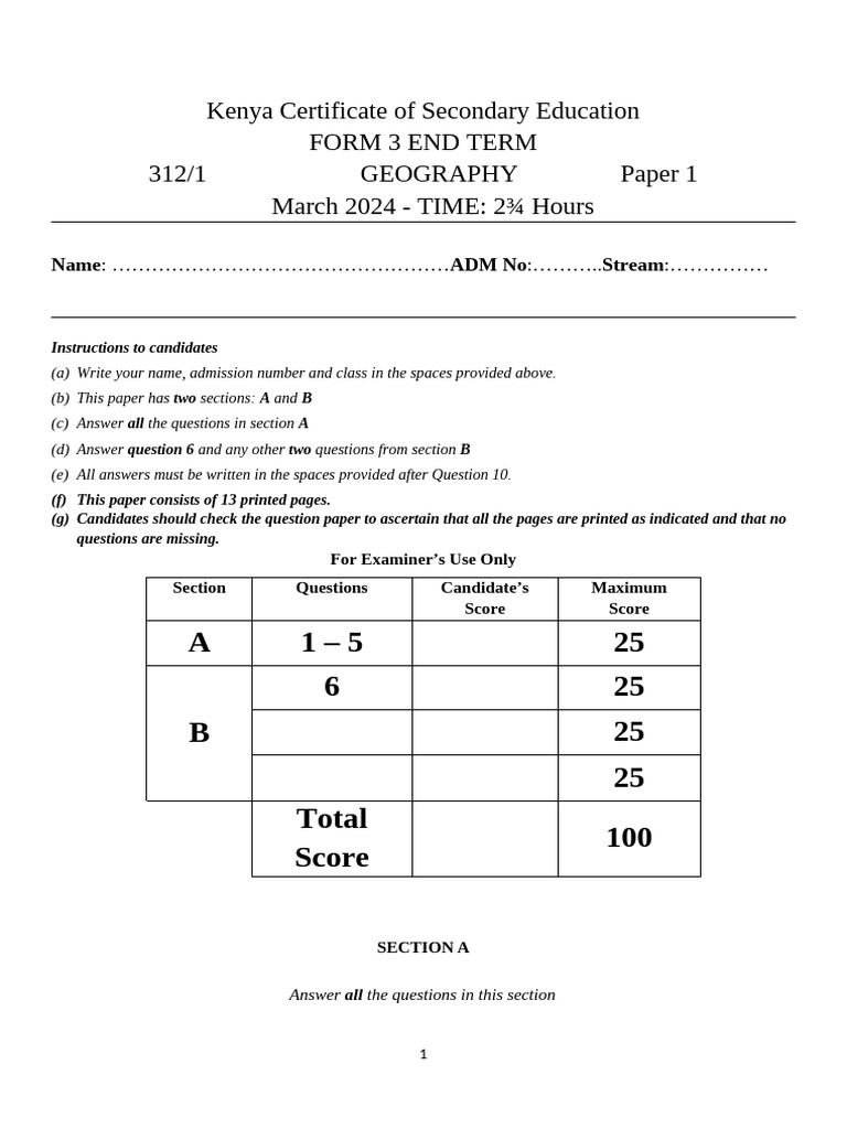 Form 3 Geography Question Paper End t1 2024 Teacher - Co .Ke | PDF ...