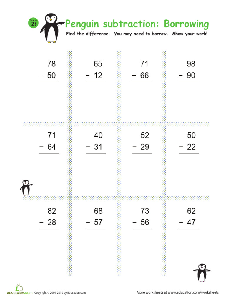 Penguin Subtraction Worksheets for Kids | PDF