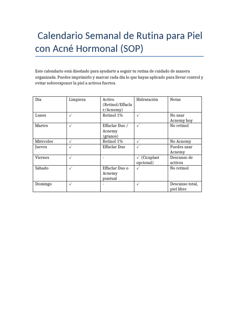 Calendario Rutina Piel Acne SOP | PDF