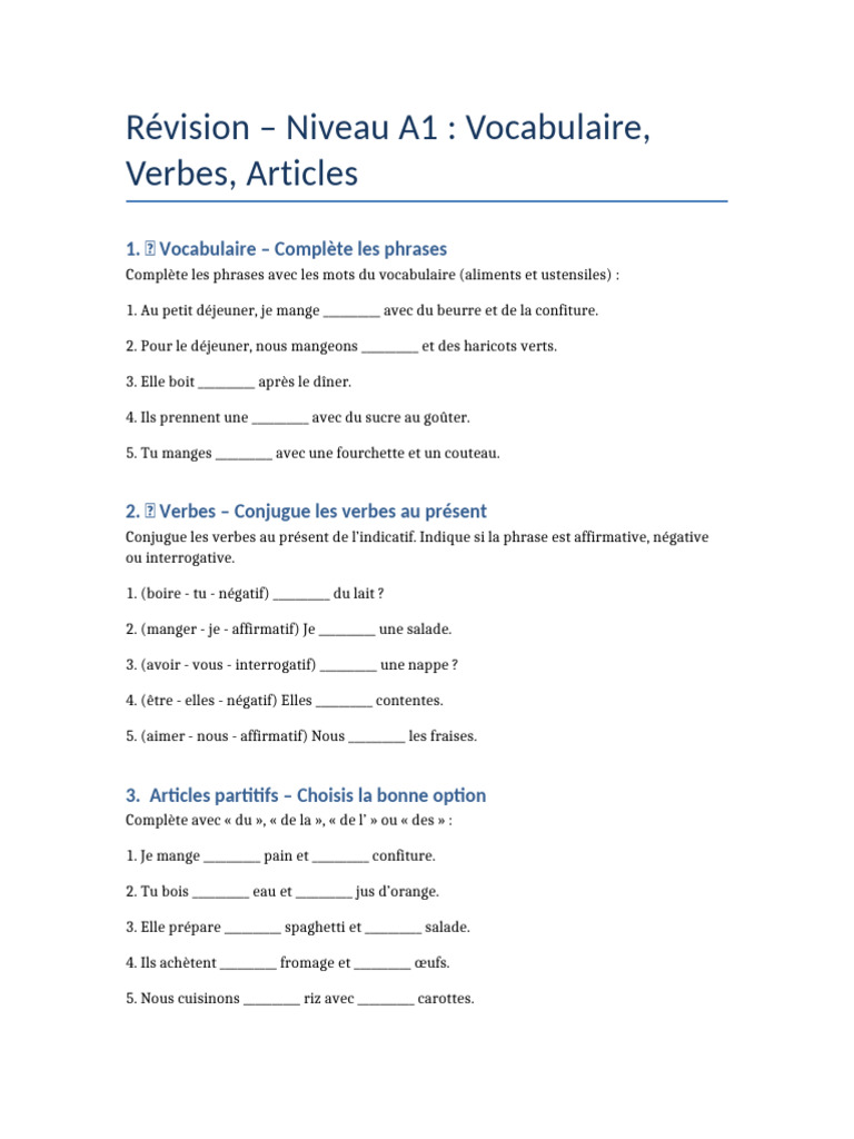 Révision A1 : Vocabulaire et Verbes | PDF