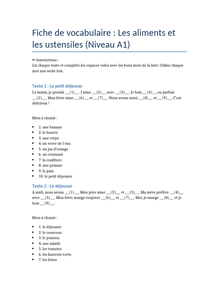 Vocabulaire des aliments et ustensiles A1 | PDF | Préparation de ...