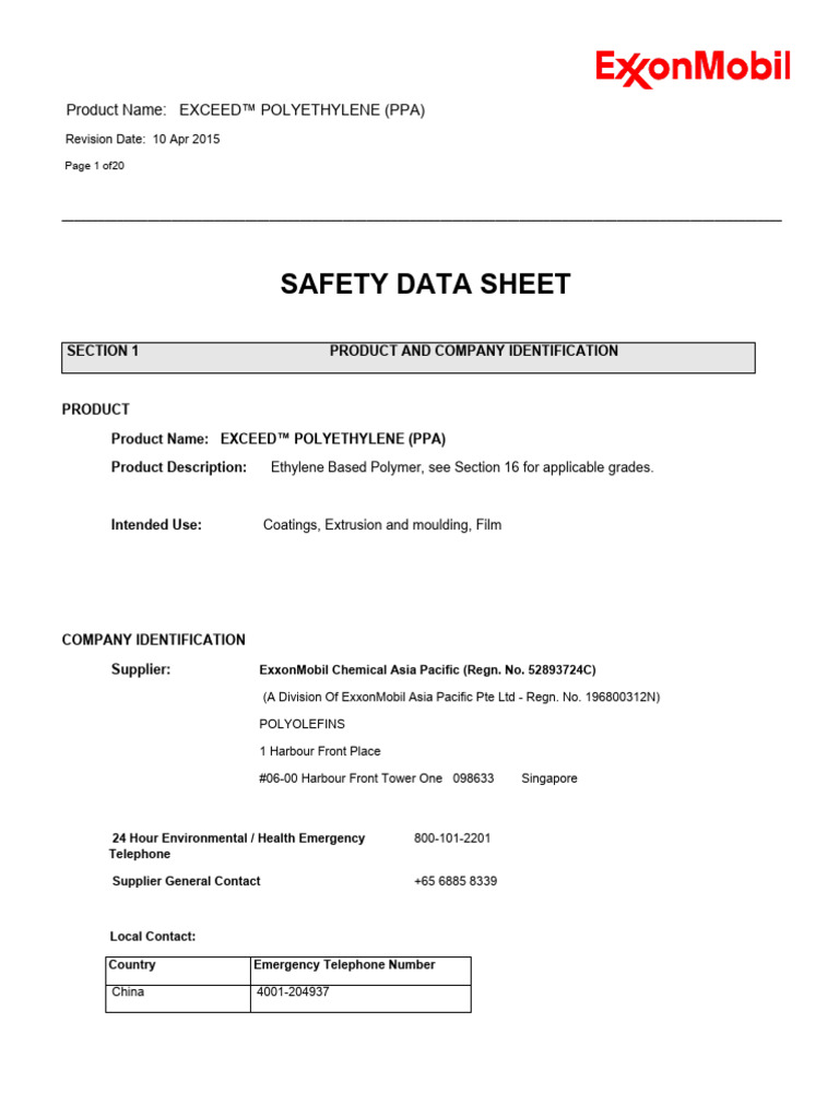 ExxonMobil EXCEED™ Polyethylene SDS | PDF | Waste Management | Toxicity