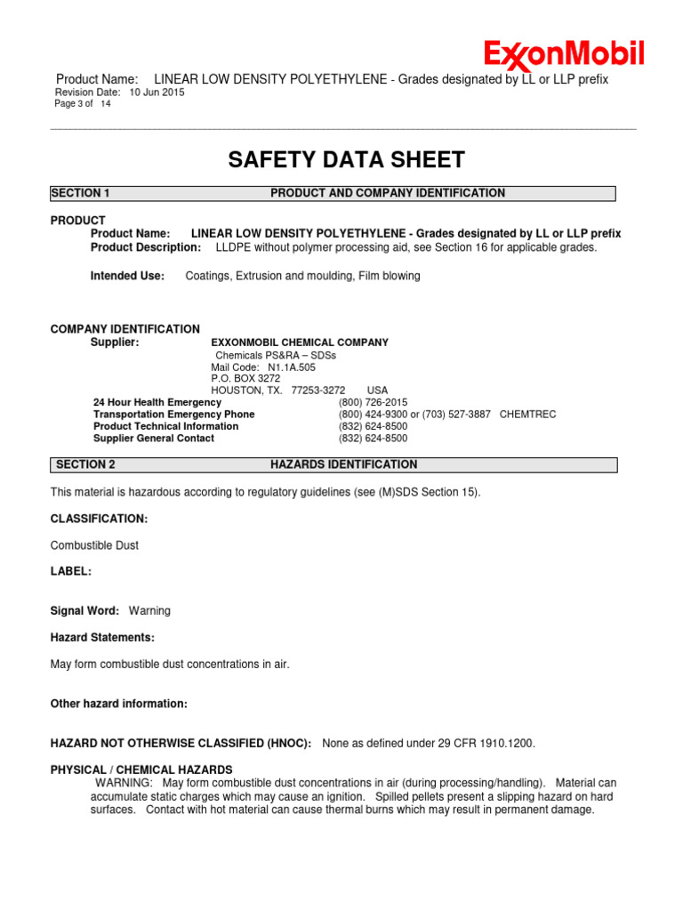 Pebdl Grades Exxonmobil - Msds | PDF | Toxicity | Waste Management