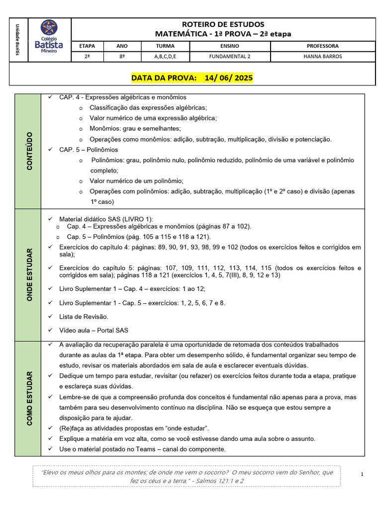 Matemática - 8º Ano - Roteiro Da 1 Prova - 2 Etapa 2025 | PDF | Matemática elementar | Álgebra