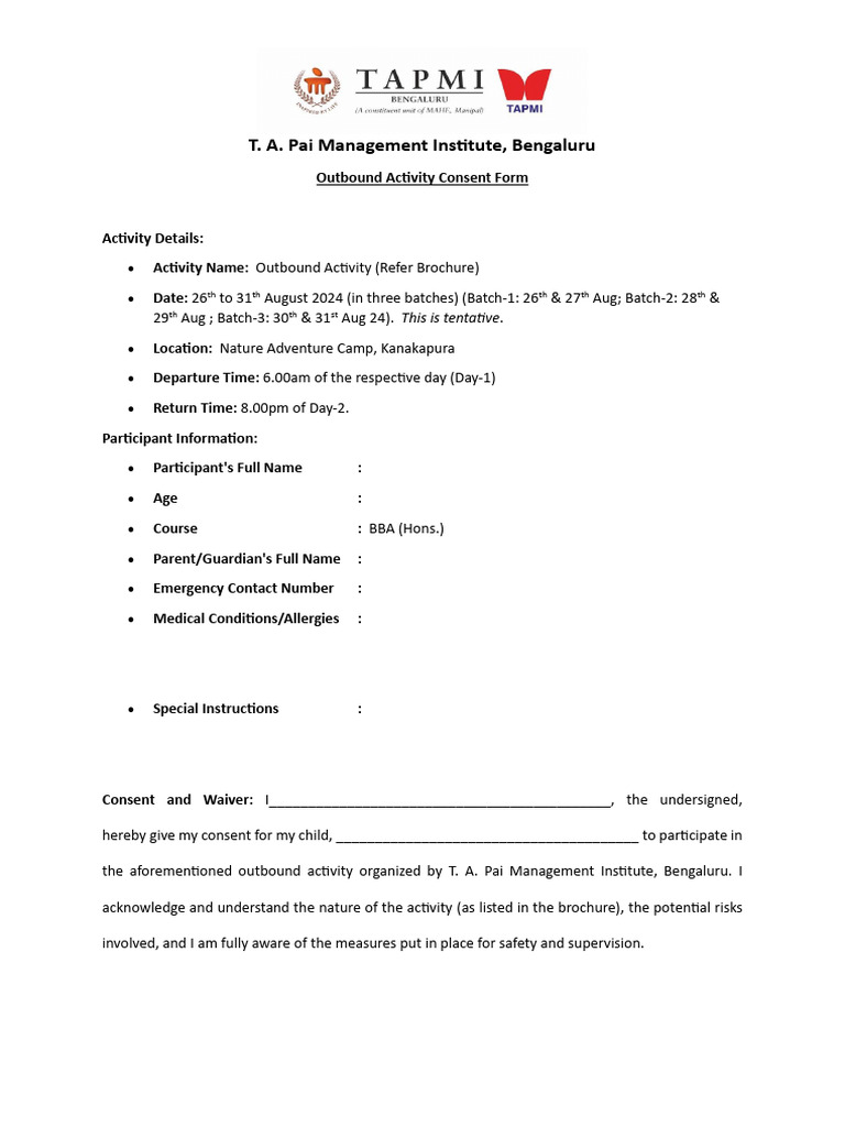 66a85cf380385186807572 Outbound Consent Form 2024 | PDF | Consent