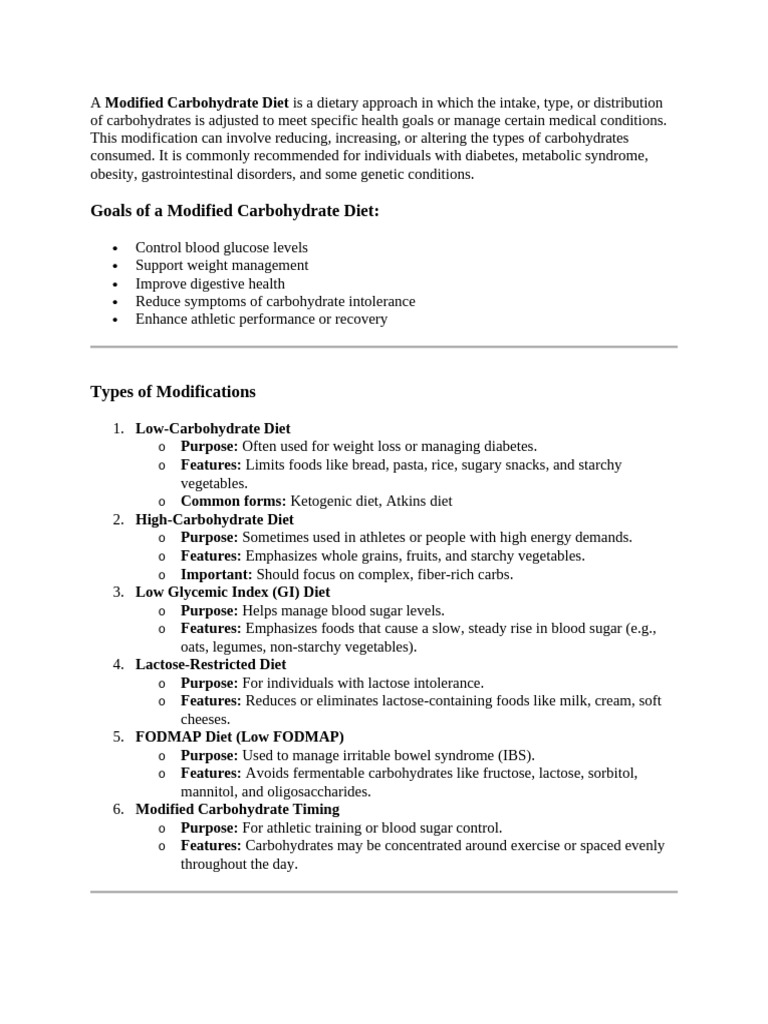 Modified Carbohydrate Diet Overview | PDF | Carbohydrates ...