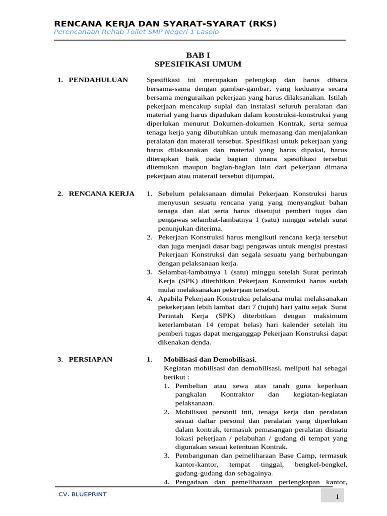 Rks Bab I Spesifikasi Teknis Rehab Toilet Siswa SMP N 1 Lasolo | PDF