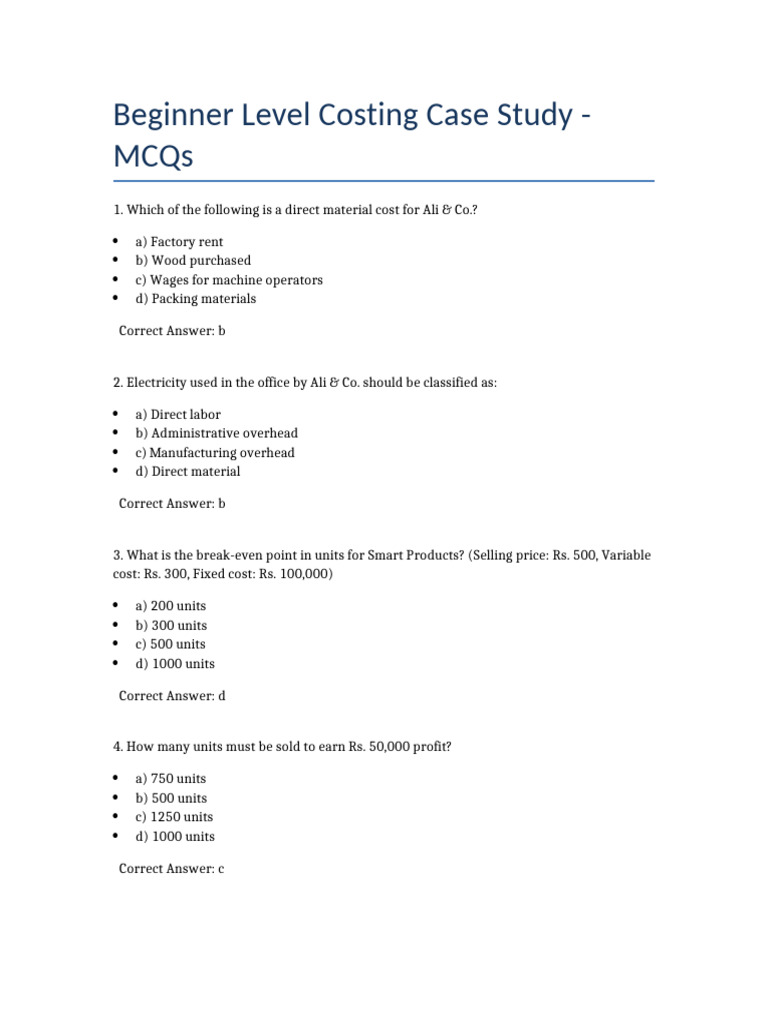 Beginner Costing Case Study MCQs | PDF