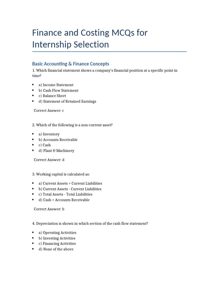 Finance Costing Excel MCQ Questionnaire | PDF | Cash Flow Statement | Revenue