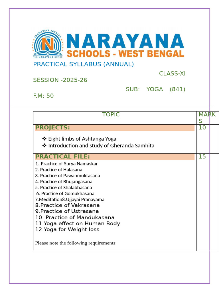 Yoga - Xi - Practical Syllabus - 2025-26 | PDF