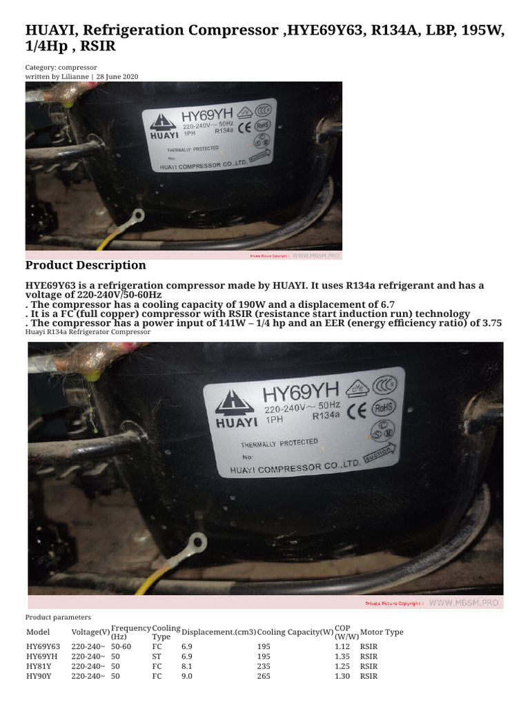 Huayi, Refrigeration Compressor, Hye69y63, R134a, LBP, 195w, 1 - 4hp ...