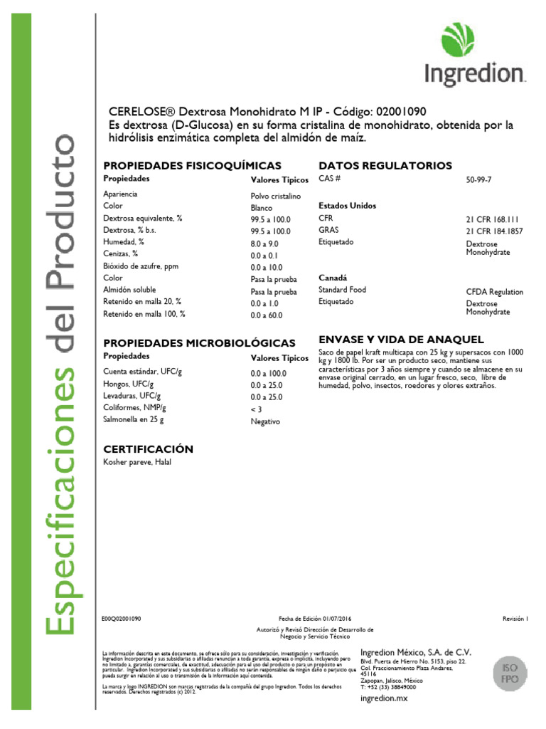 Dextrosa Anhidra Cerealose Ingredion | PDF | Sustancias químicas | Biología