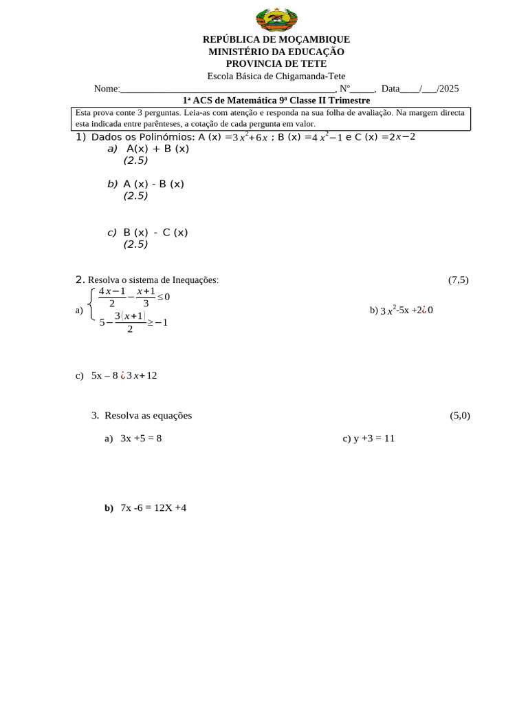 Prova de Matemática 9ª Classe - Tete | PDF