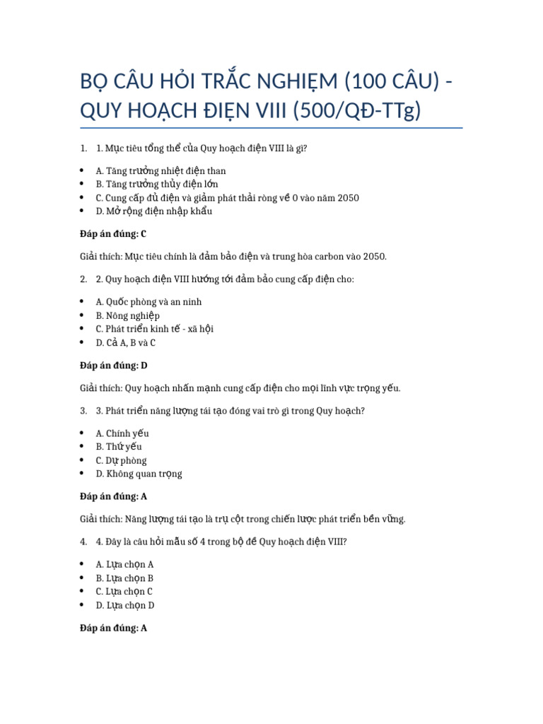 Bo Cau Hoi 100 QH Dien VIII | PDF