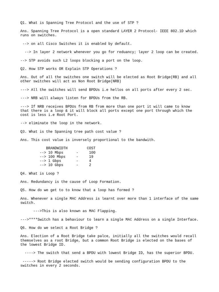 Spanning Tree Protocol Interview Questions | PDF | Network Switch | Internet Architecture