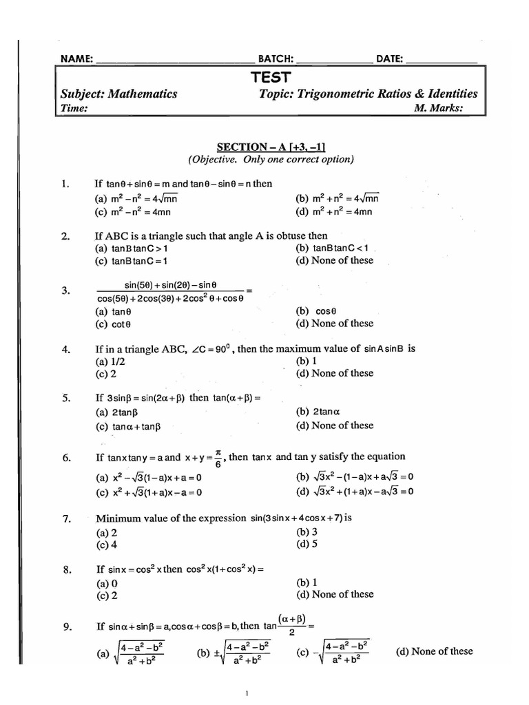 Test - Trigonometric Ratios and Identities | PDF