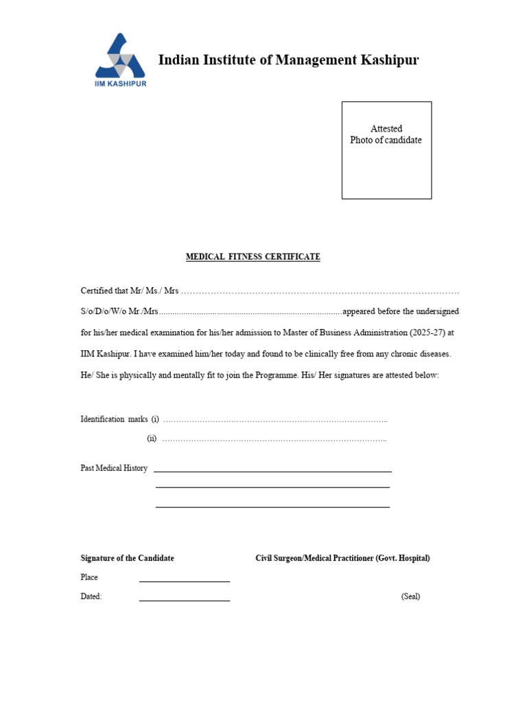 Medical Fitness Certificate for IIM 2025 | PDF